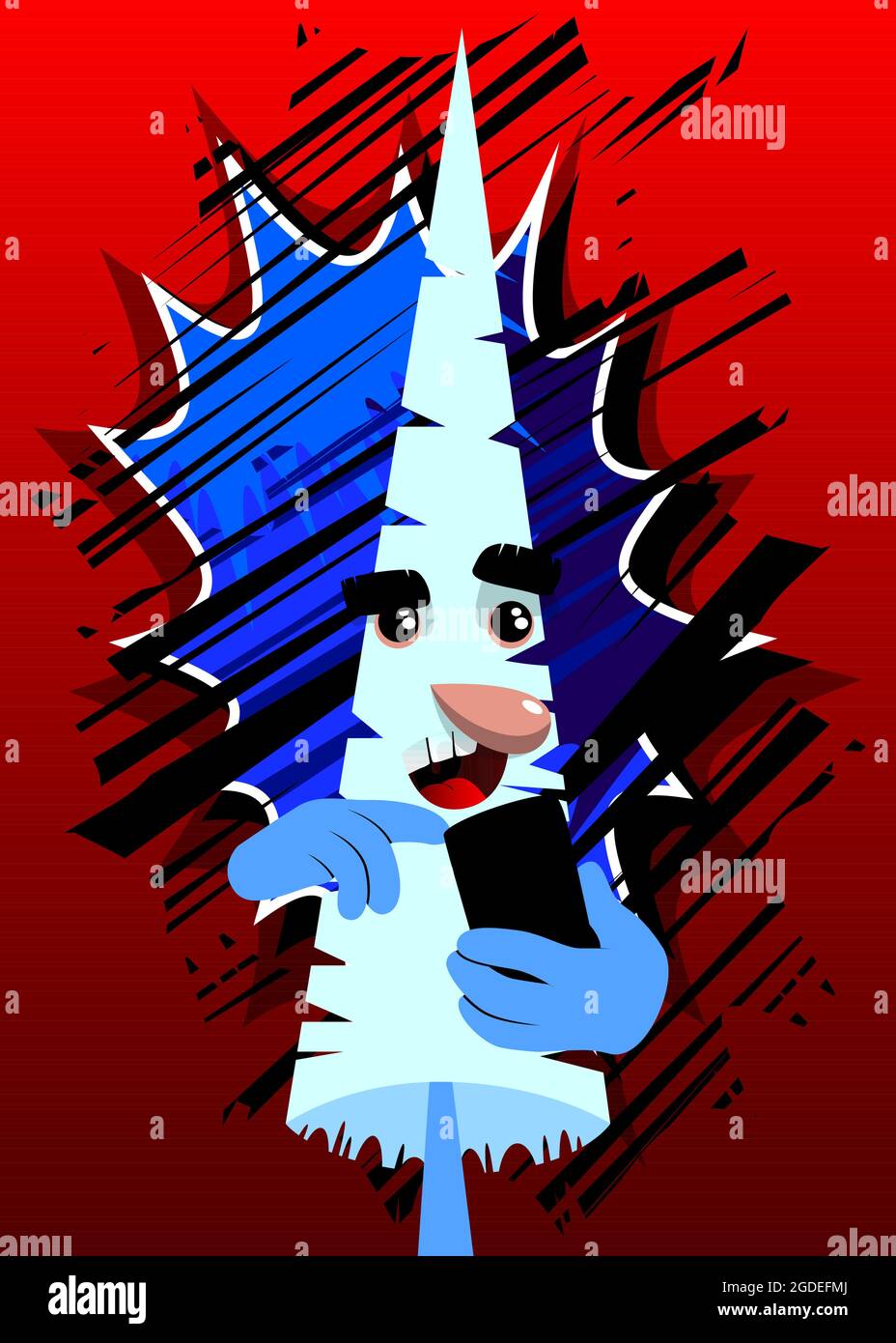 Cartoon winter pine trees with faces using a mobile phone. Cute forest ...