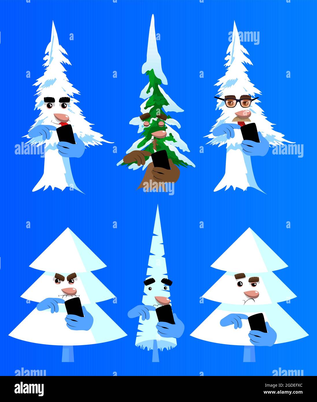Cartoon winter pine trees with faces using a mobile phone. Cute forest ...
