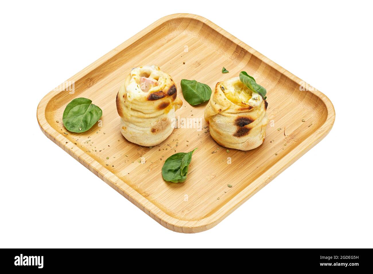 Pizzetti on a wooden plate. Variety of pizza isolated on white ...