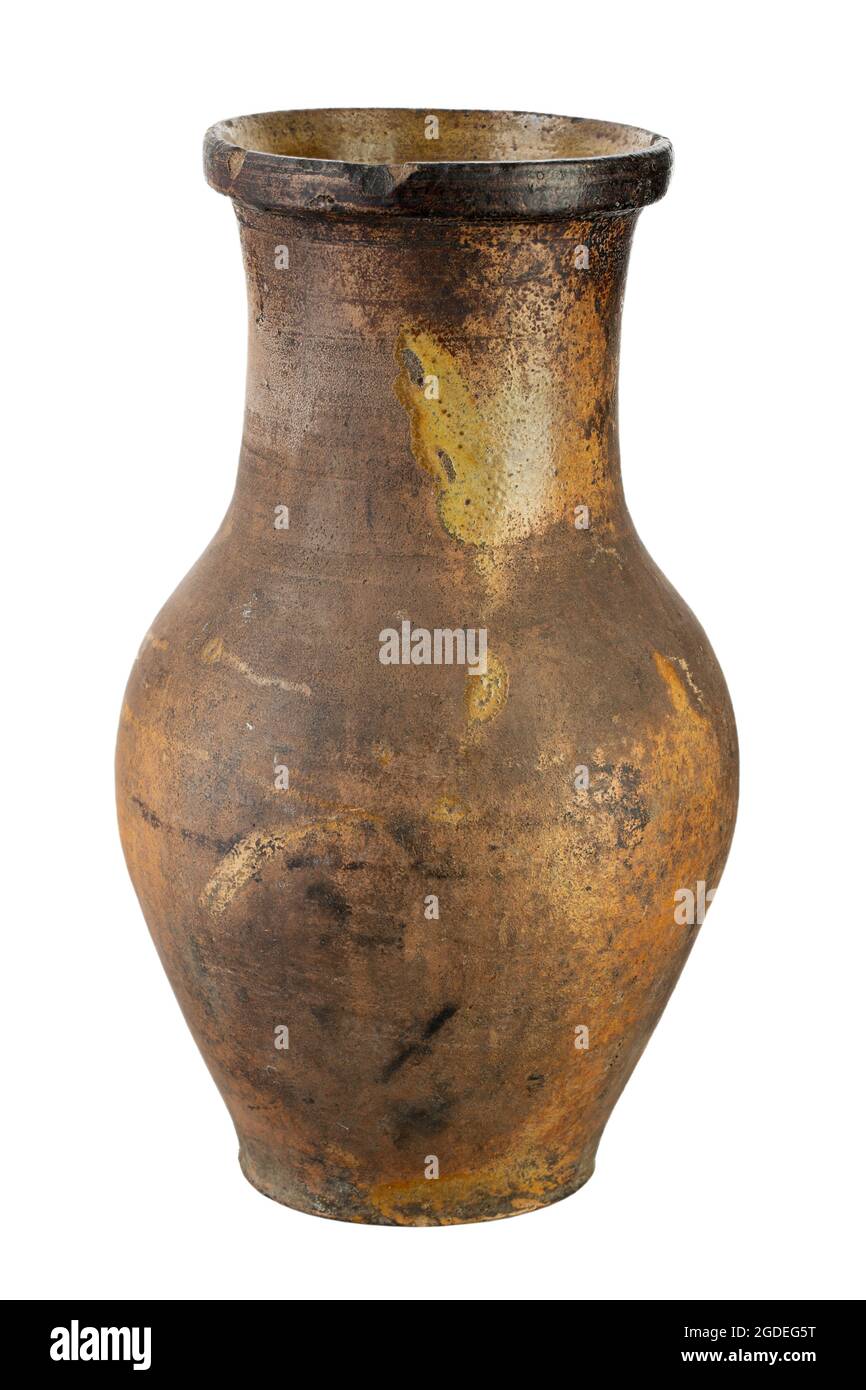 Old clay brown jug isolated on white background. Suitable for drinks ...