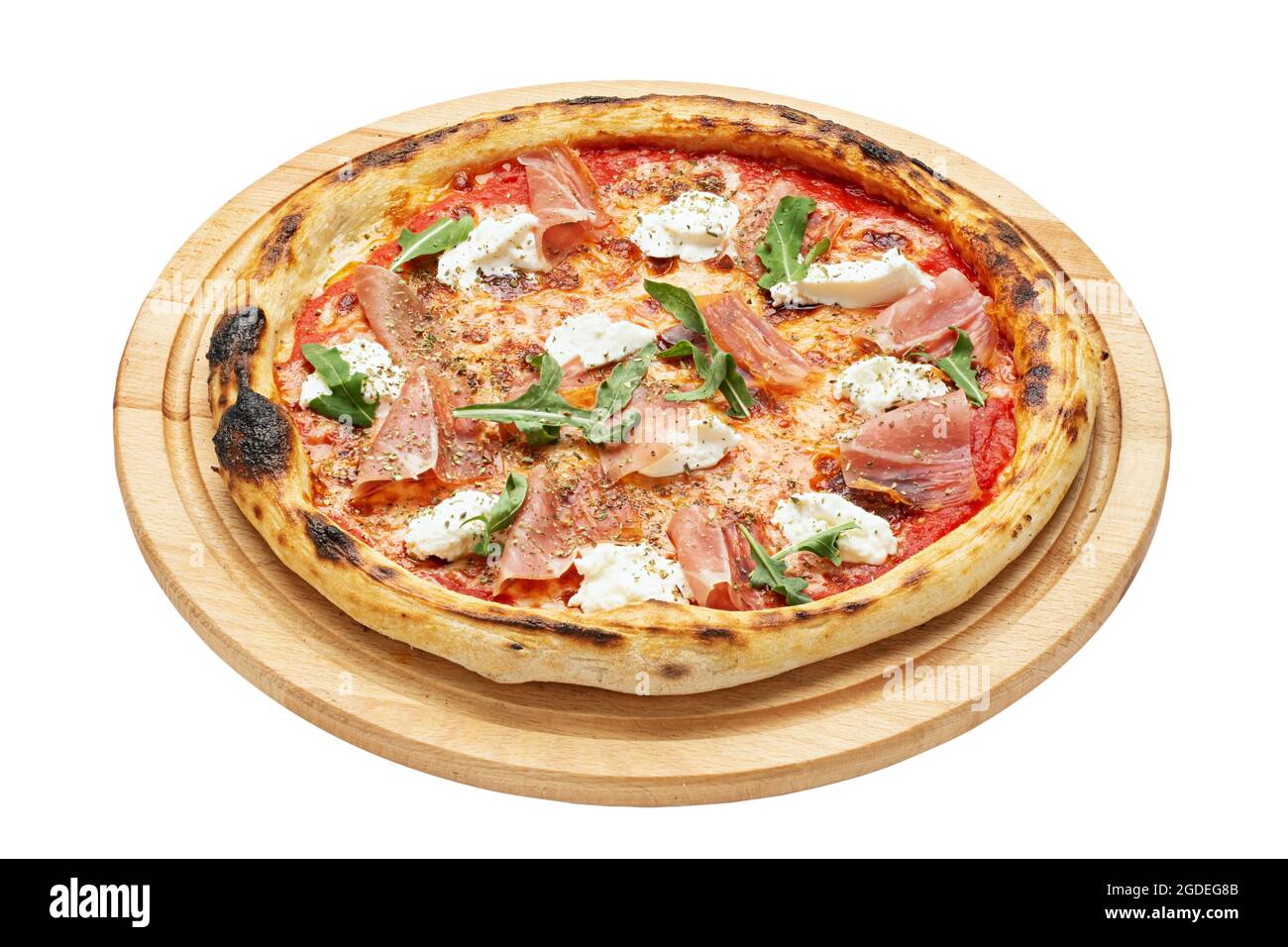 Delicious pizza served on a wooden plate isolated on a white background ...