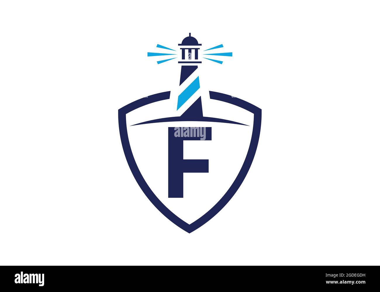Initial F monogram alphabet in a shield with the lighthouse. Harbor ...