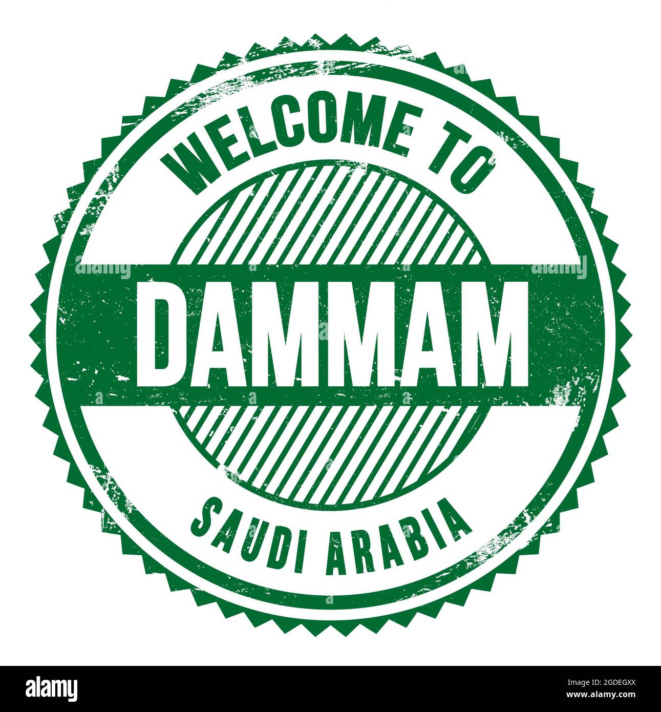 WELCOME TO DAMMAM - SAUDI ARABIA, words written on green zig zag stamp ...