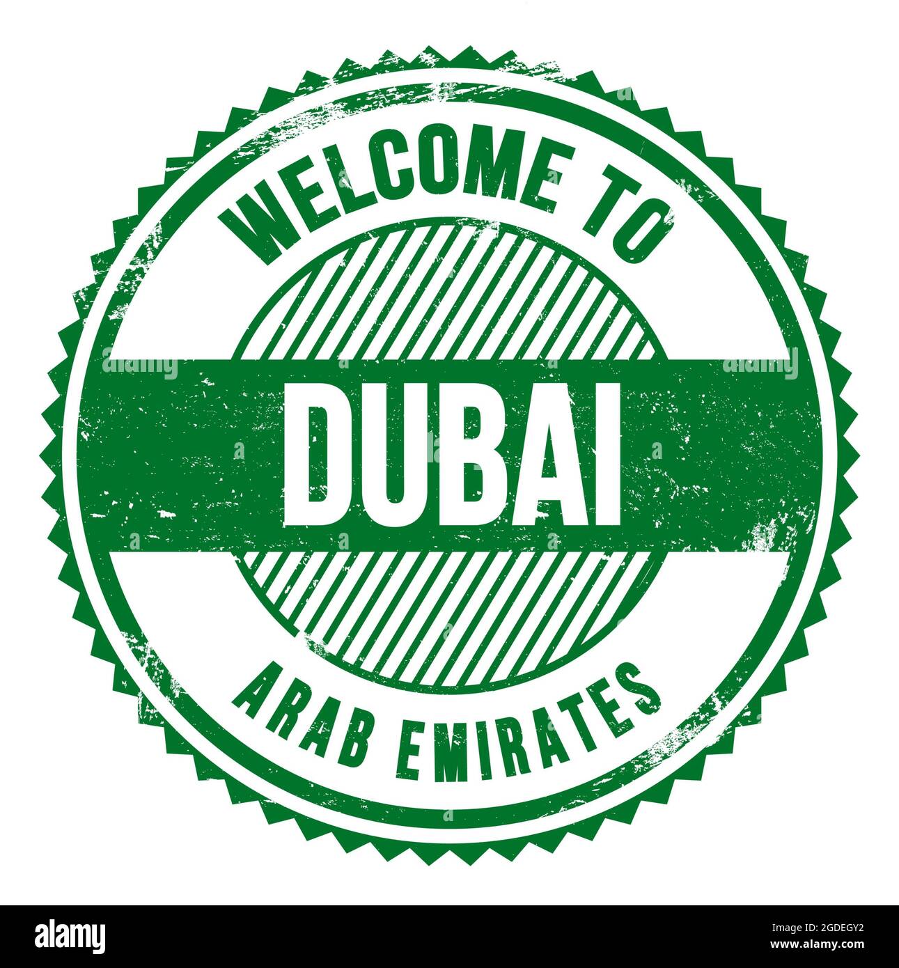 WELCOME TO DUBAI - ARAB EMIRATES, words written on green zig zag stamp ...