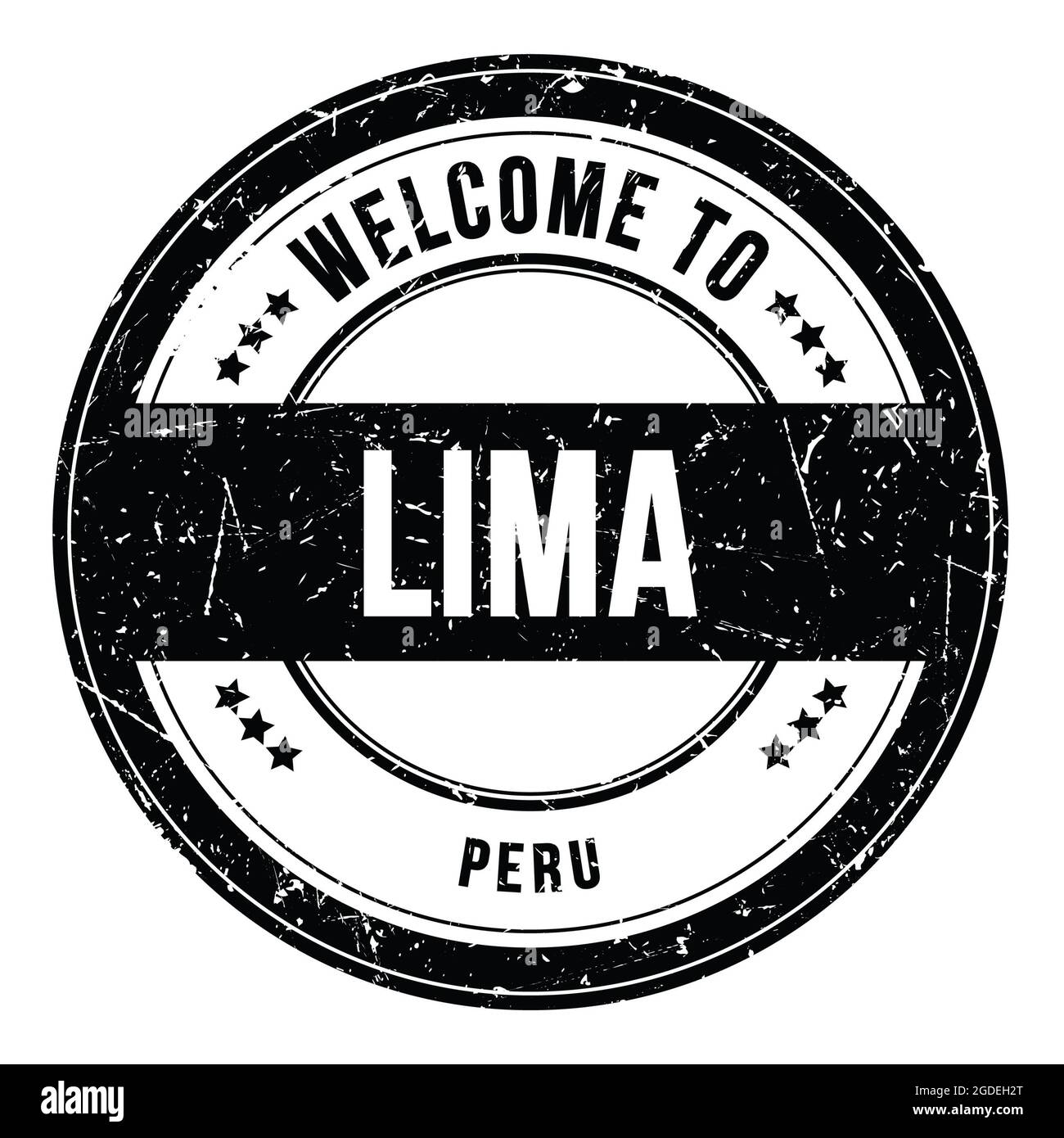 WELCOME TO LIMA - PERU, words written on black round coin stamp Stock ...
