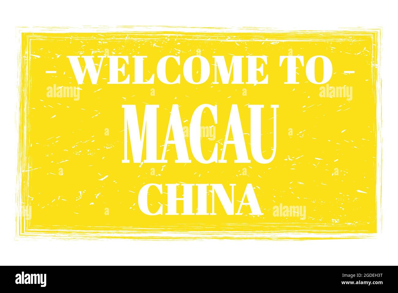 WELCOME TO MACAU - CHINA, words written on yellow rectangle post stamp ...