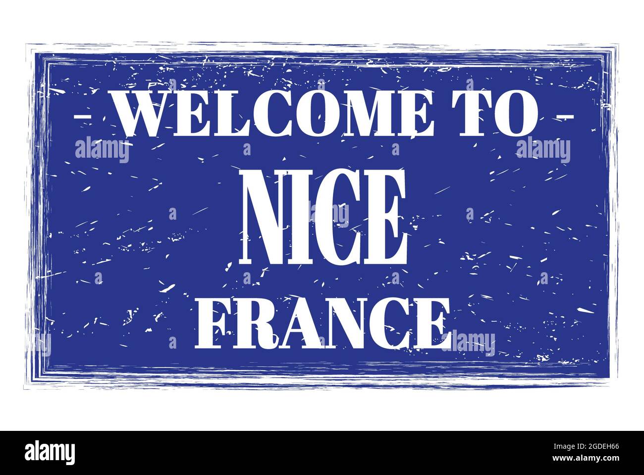 WELCOME TO NICE - FRANCE, words written on blue rectangle post stamp ...