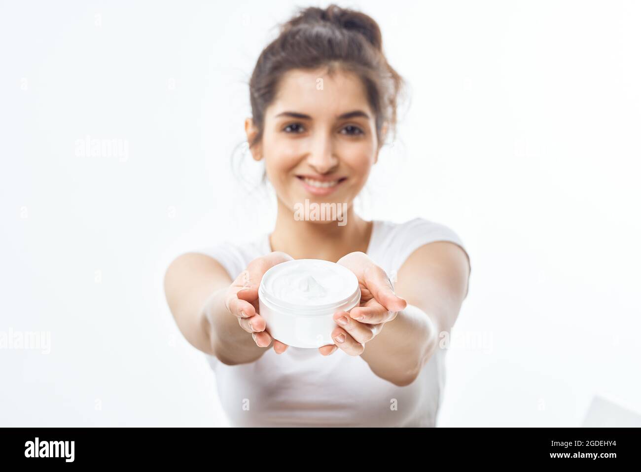 cheerful woman with jar of cream skin care dermatology therapy Stock ...