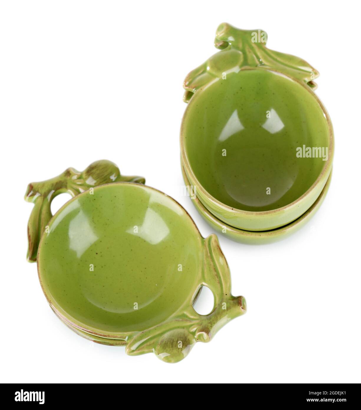 Green empty bowls for olive oil and olives isolated on white Stock ...