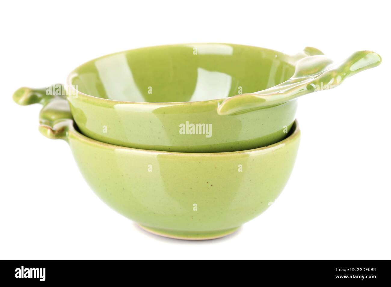 Green empty bowls for olive oil and olives isolated on white Stock ...