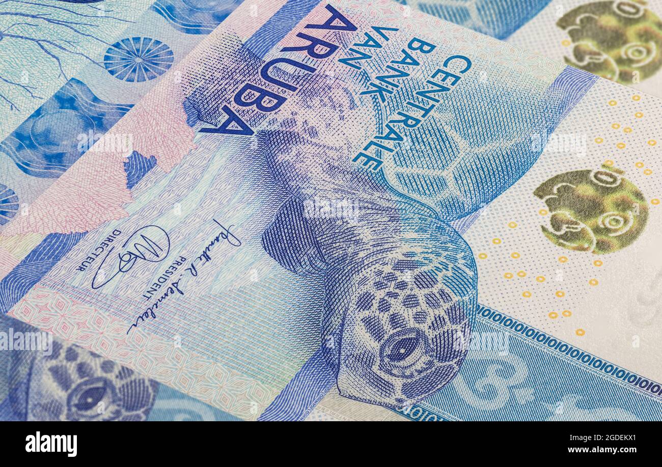 Close up to Florin, banknotes of the island country Aruba. Detailed ...