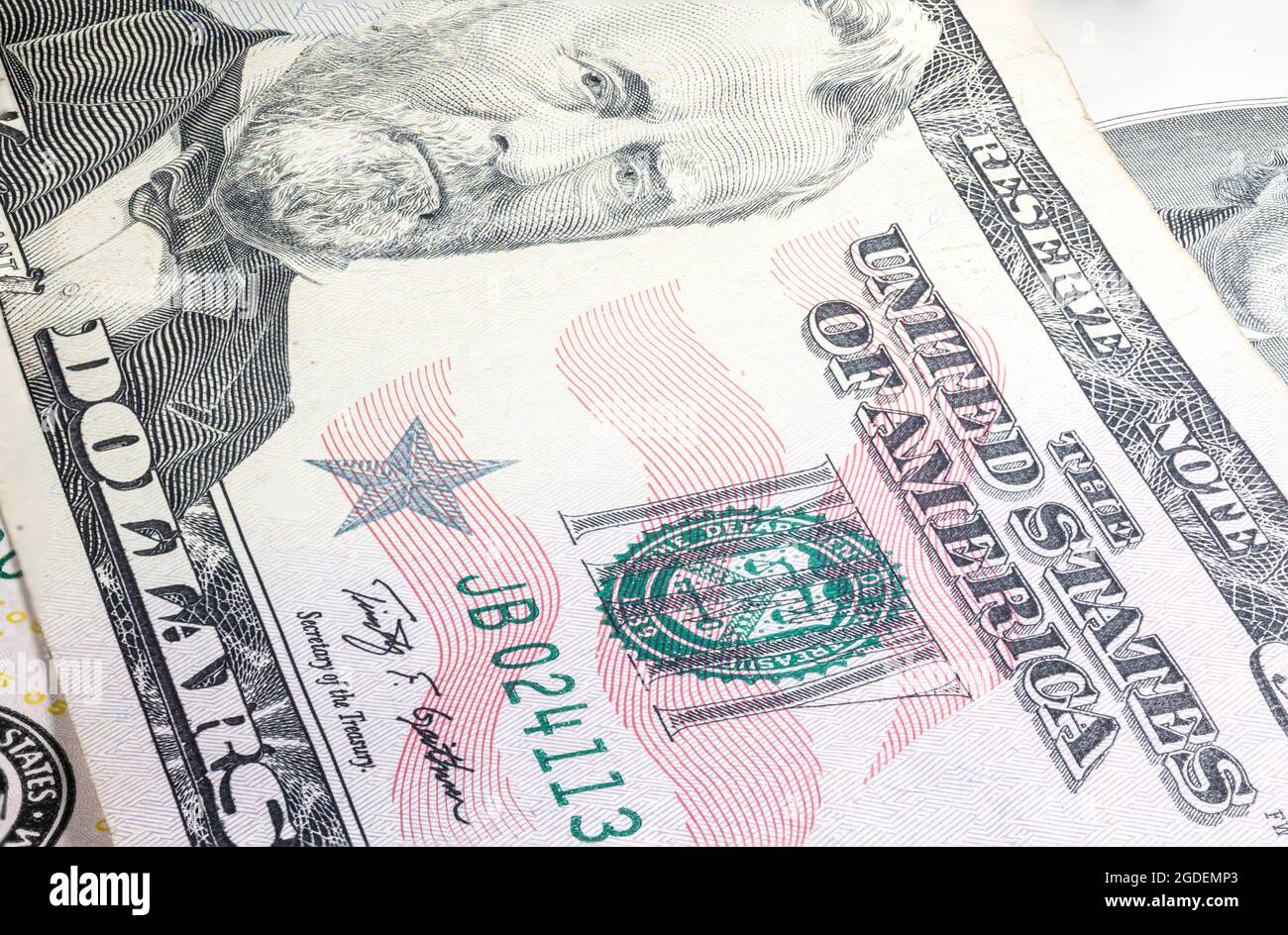 Macro close up on the design surface of US dollar notes. Banknotes of ...