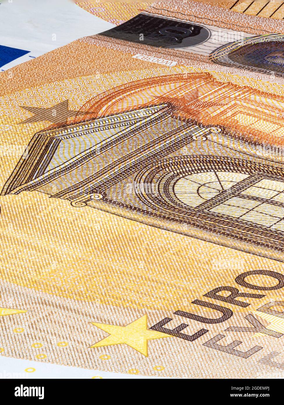 Macro close up on the design surface of 50 euro notes. Banknotes of the ...