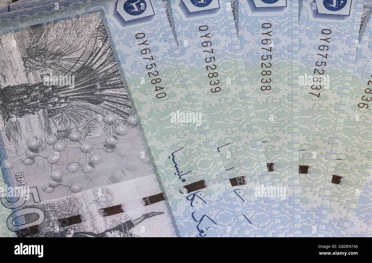 Close up of fifty Ringgit Malaysia. Detailed macro capture of brand new ...