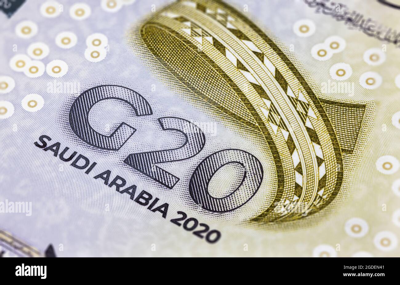 Detailed close up of 20 Saudi Riyal. Saudi Arabian currency for the G20 ...