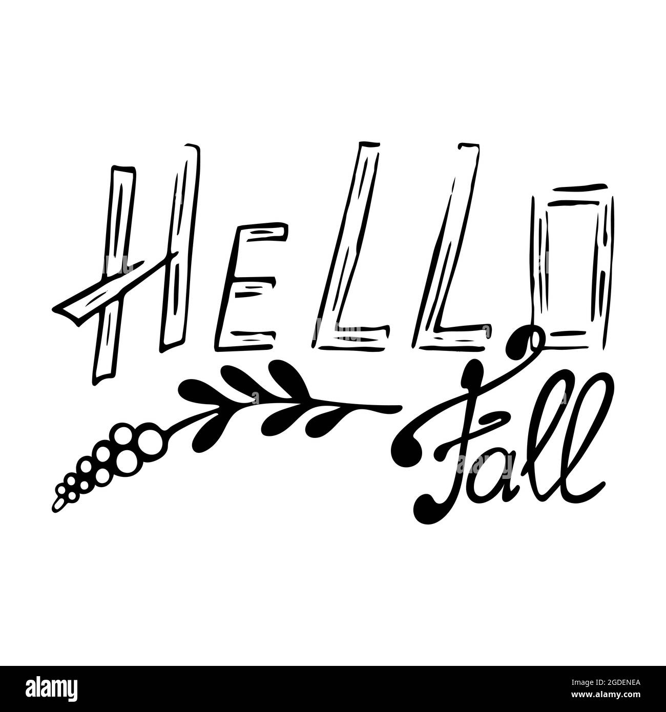 Hello fall doodle illustration with decor. Black and white Stock Vector ...