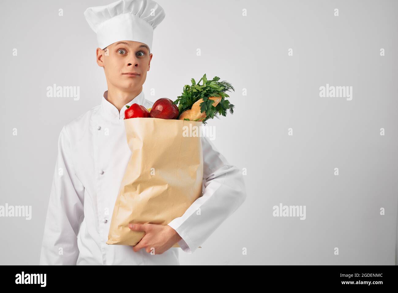 chef with package of fresh food restaurant delivery work Stock Photo ...