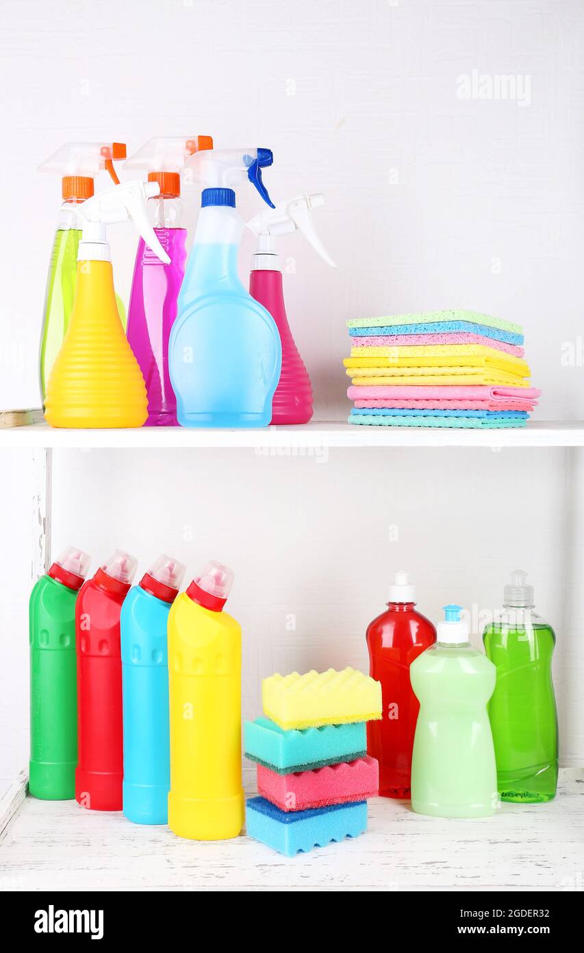 Cleaning products on shelf Stock Photo - Alamy