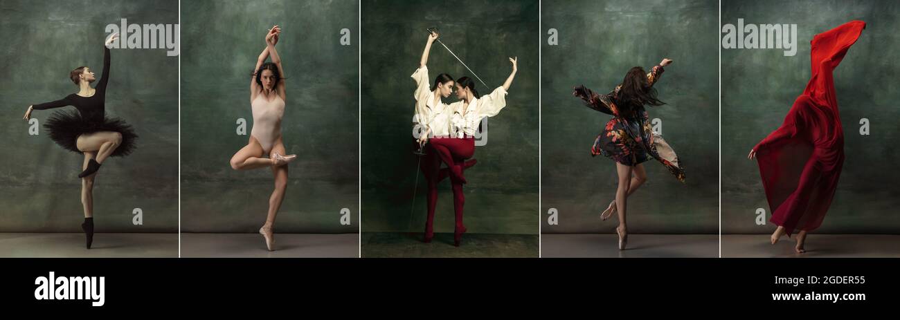 Collage of portraits of female ballet dancers dancing on studio ...
