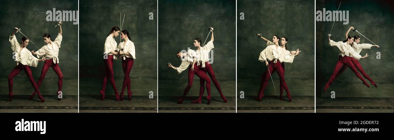 Fight. Two young female ballet dancers like duelists with swords on ...