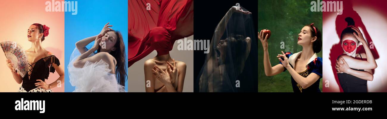 Collage of portraits of female ballet dancers dancing on studio ...