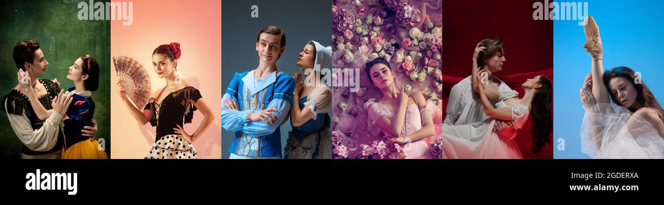 Collage of portraits of female ballet dancers dancing on studio ...