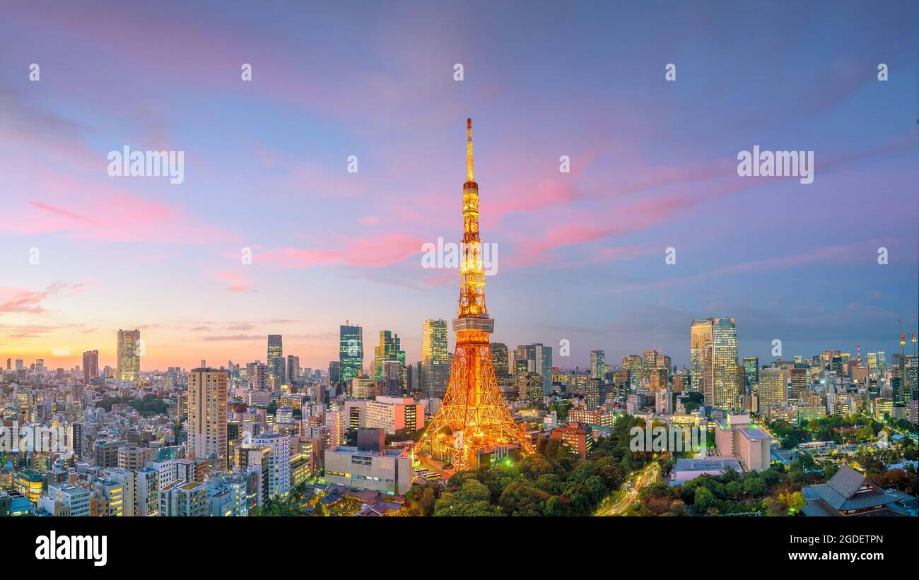 Panorama view of Tokyo city skyline and Tokyo Tower building in Japan ...
