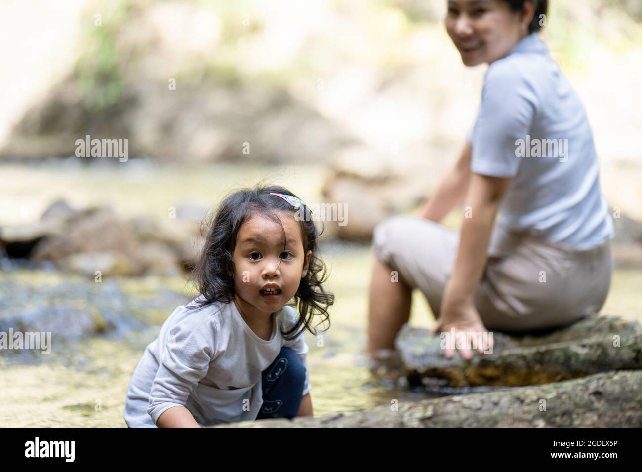 Mother and daughter sitting on the rocks in a forest Stock Photo - Alamy