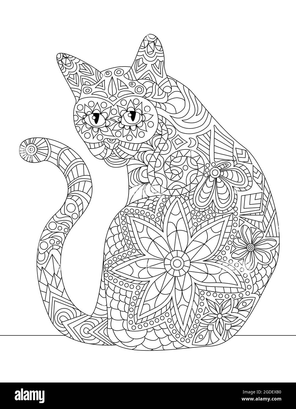 Domesticated Cat Sitting Looking Back With Long Tail Colorless Line ...