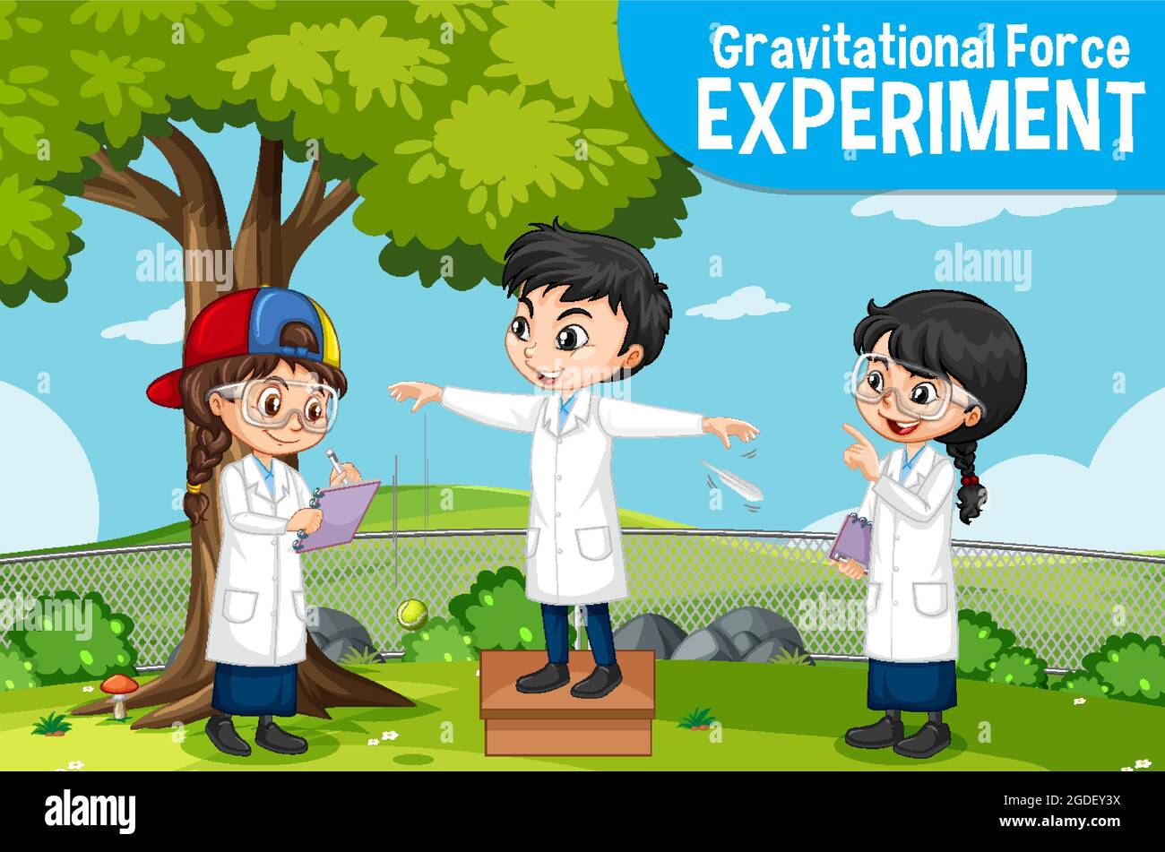 Gravitational force experiment with scientist kids cartoon character ...