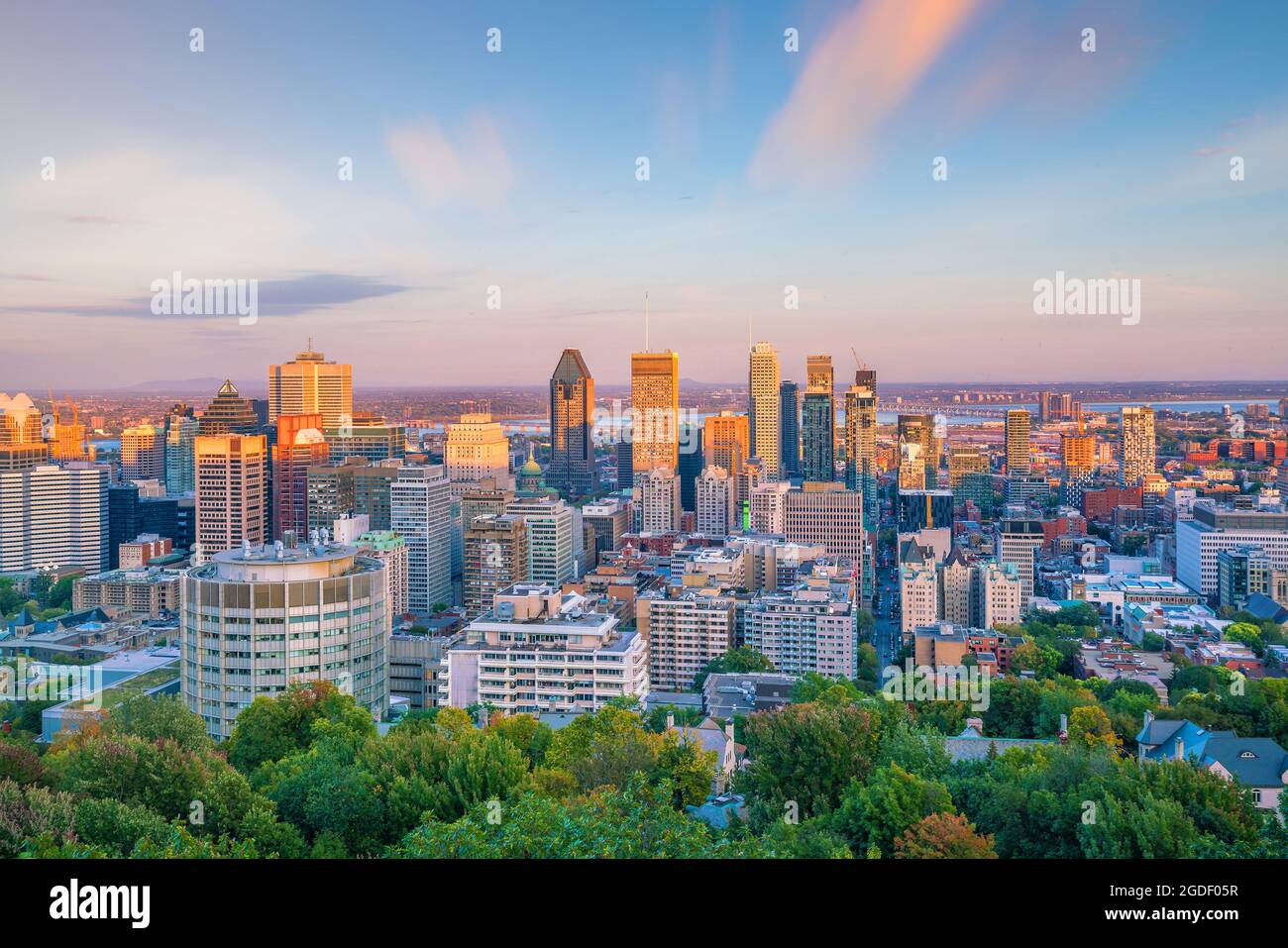Panoramic skyline view of downtown Montreal from top view at sunset in ...