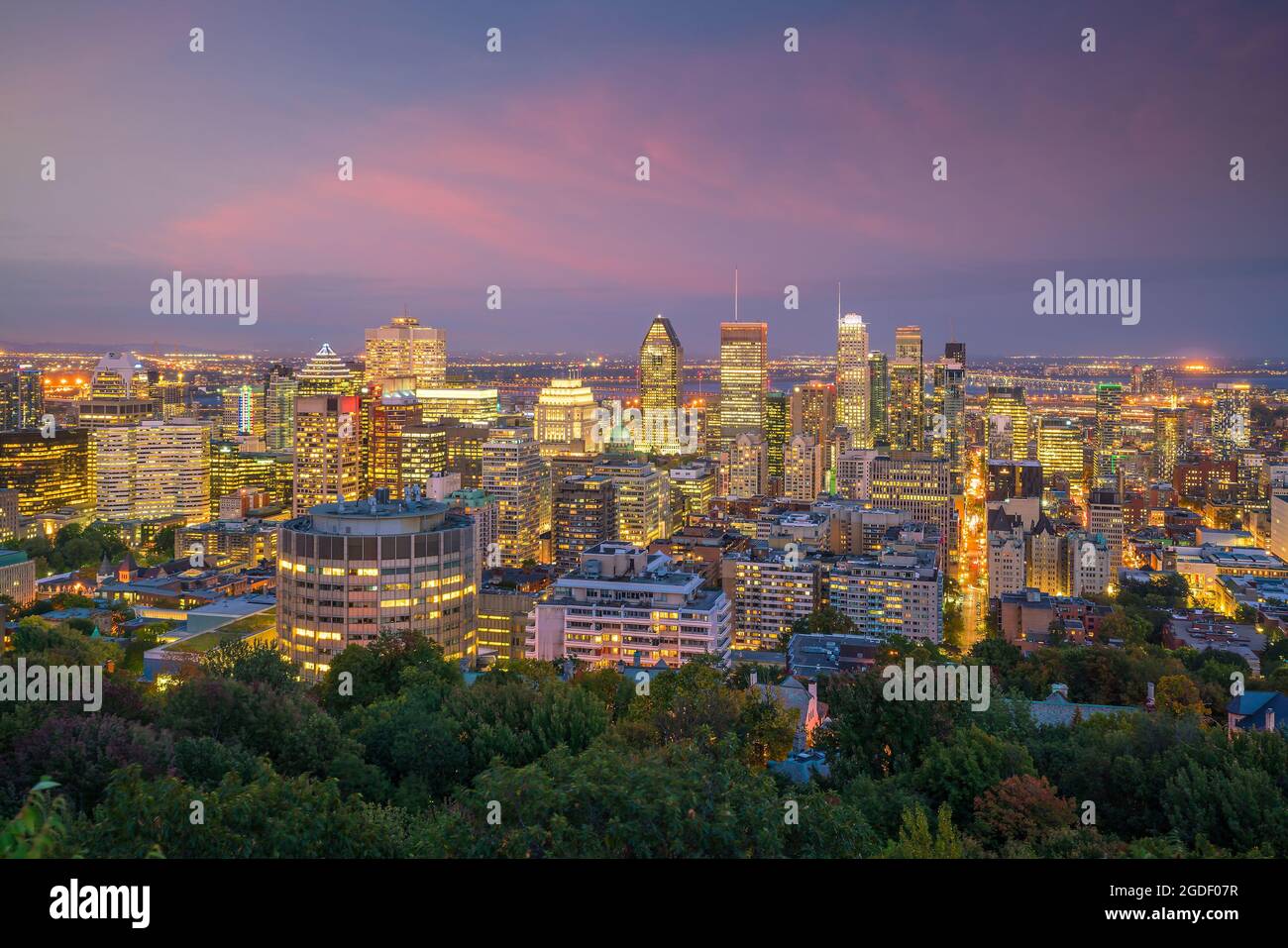 Panoramic skyline view of downtown Montreal from top view at sunset in ...