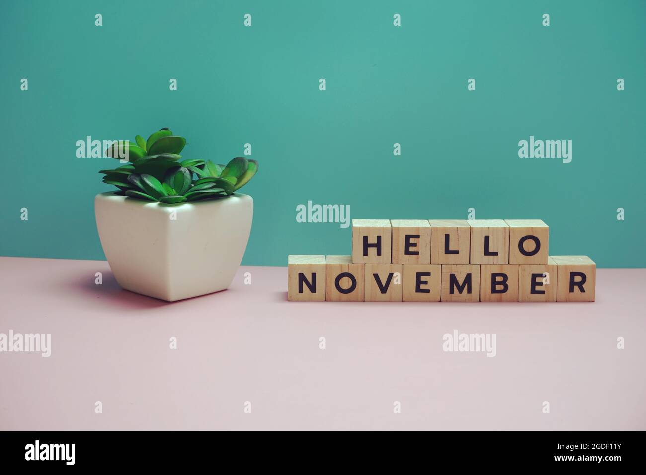 Hello November alphabet letter on blue and pink background Stock Photo ...