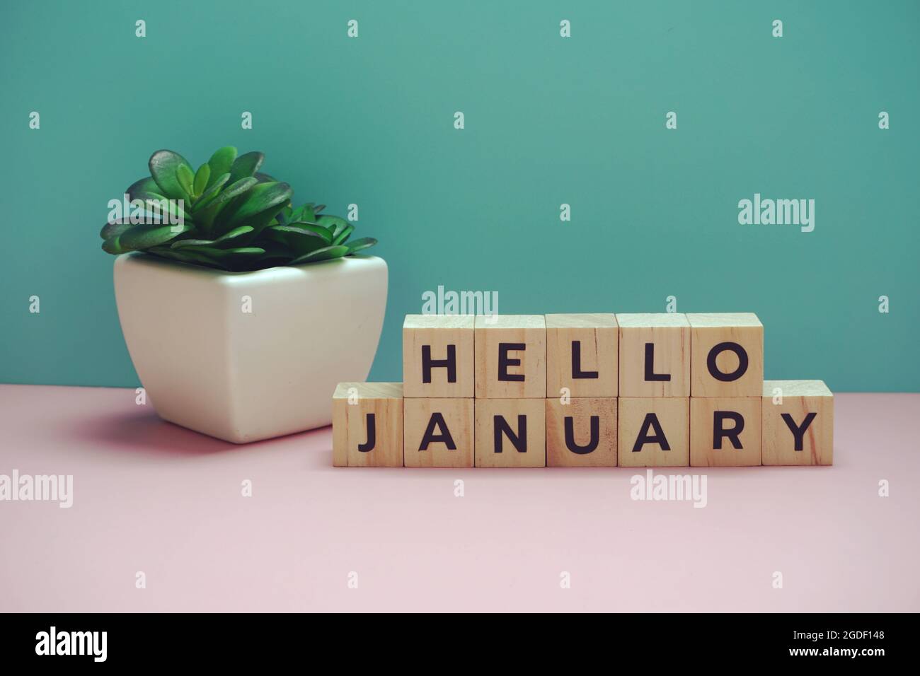 Hello January alphabet letter on blue and pink background Stock Photo ...