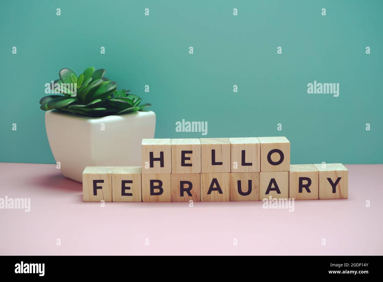 Hello February alphabet letter on blue and pink background Stock Photo ...