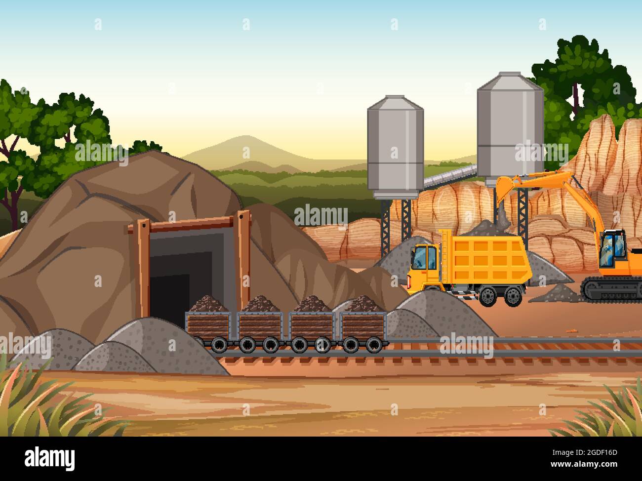 Landscape of coal mining scene with crane and trucks illustration Stock ...