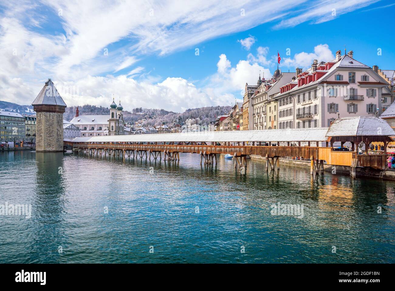 Historic city center of downtown Lucerne with Chapel Bridge and lake ...