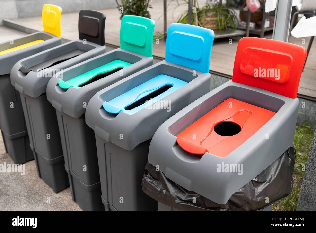 Row of many different multicolored plastic waste cans for garbage ...