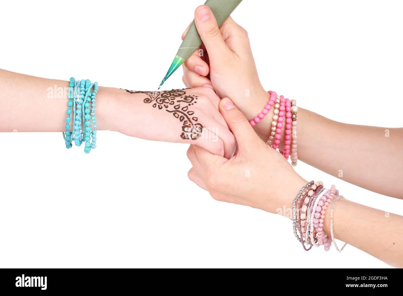 Process of applying Mehndi on female hand, isolated on white Stock ...