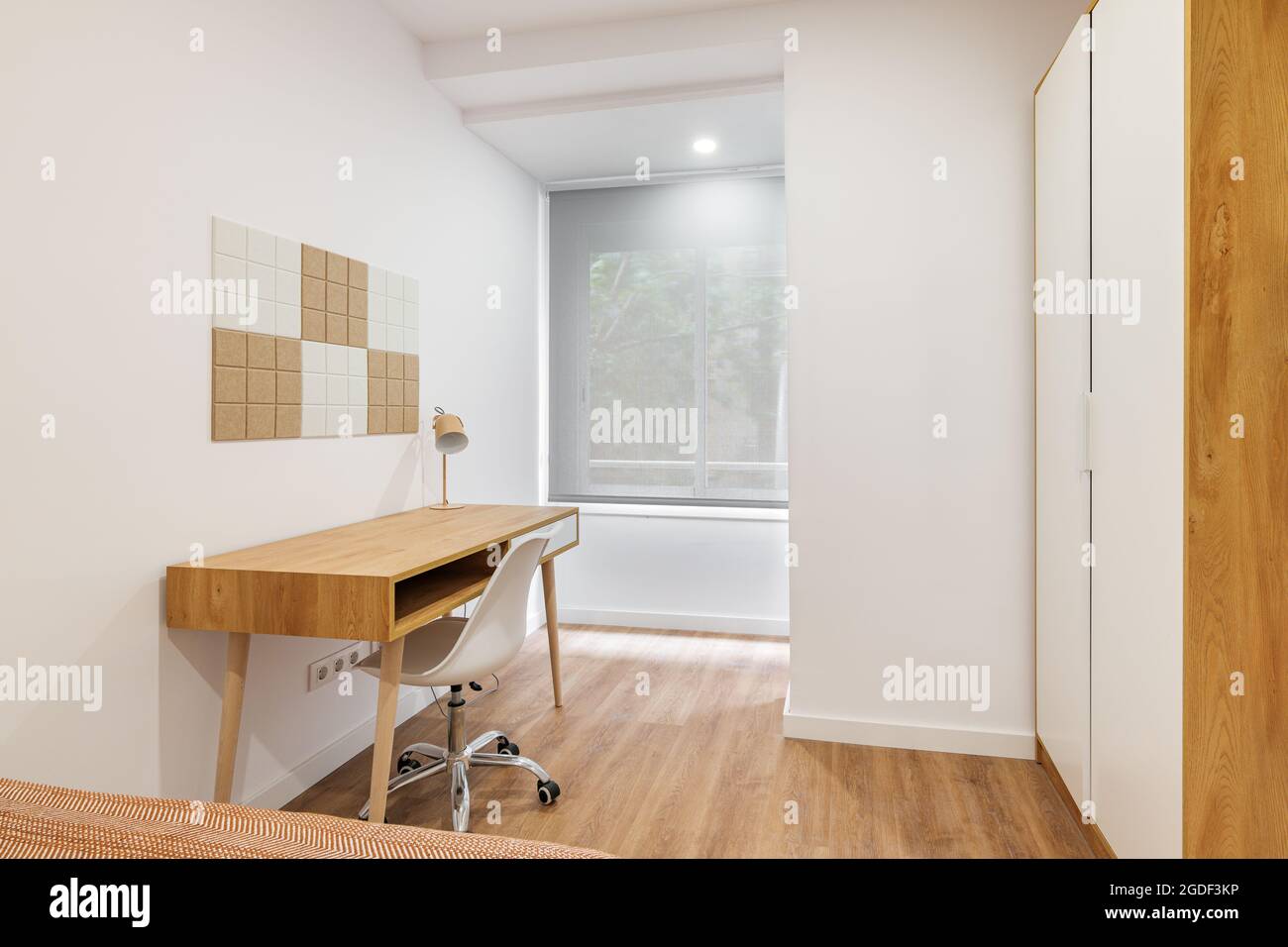 Minimalist room interior with modern comfortable workplace, wardrobe ...