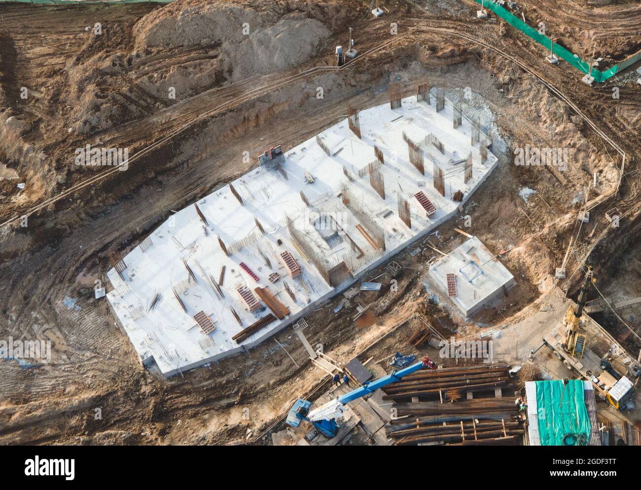 Monolithic slab foundation and concrete pouring. First floor slab rebar ...