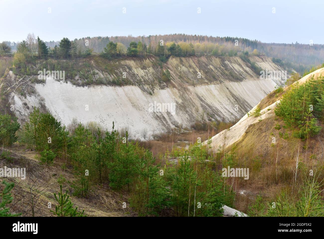 Chalk structure on artificial mountain after quarry mining. Technogenic ...