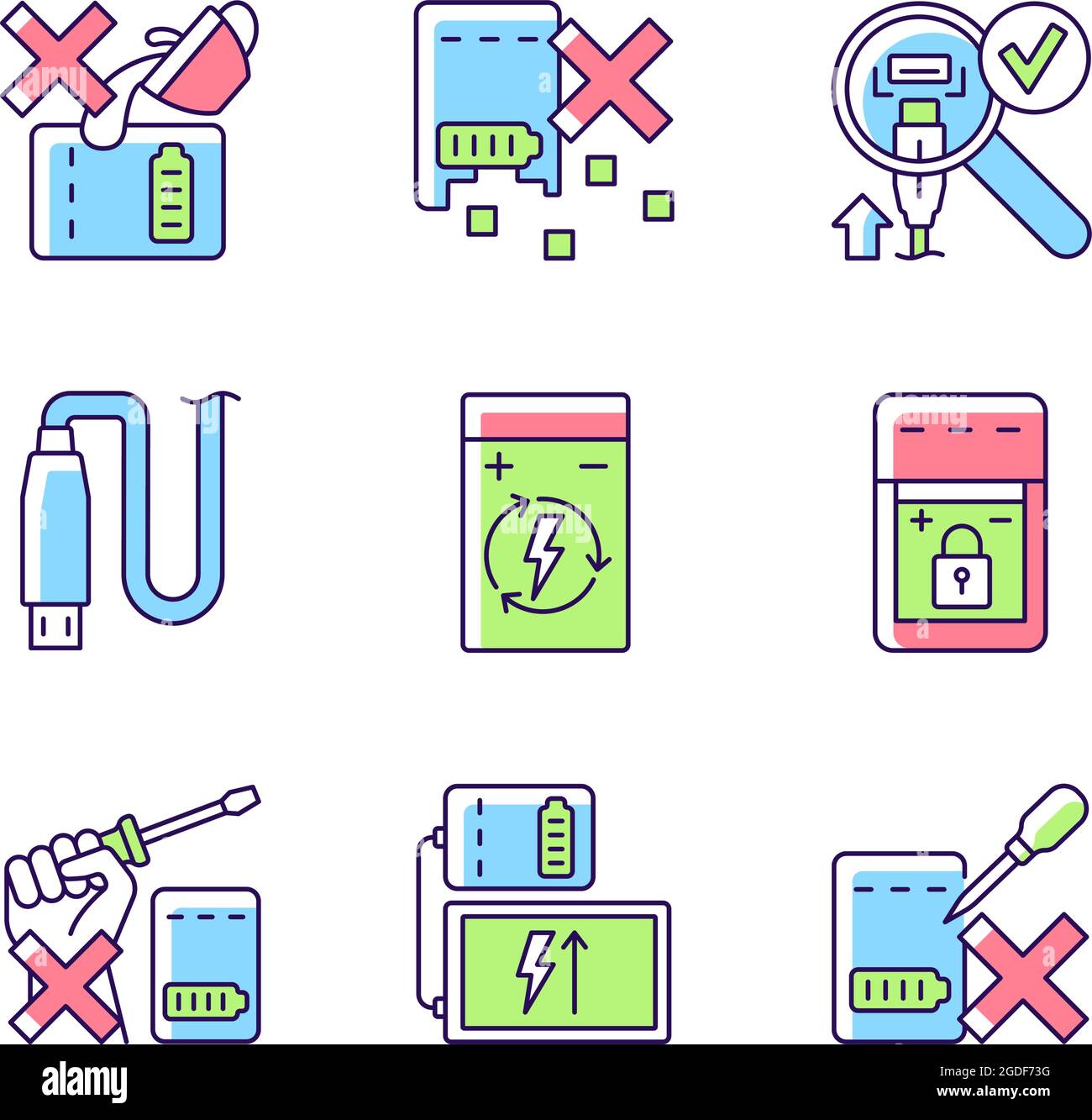 Portable charger care RGB color manual label icons set Stock Vector ...