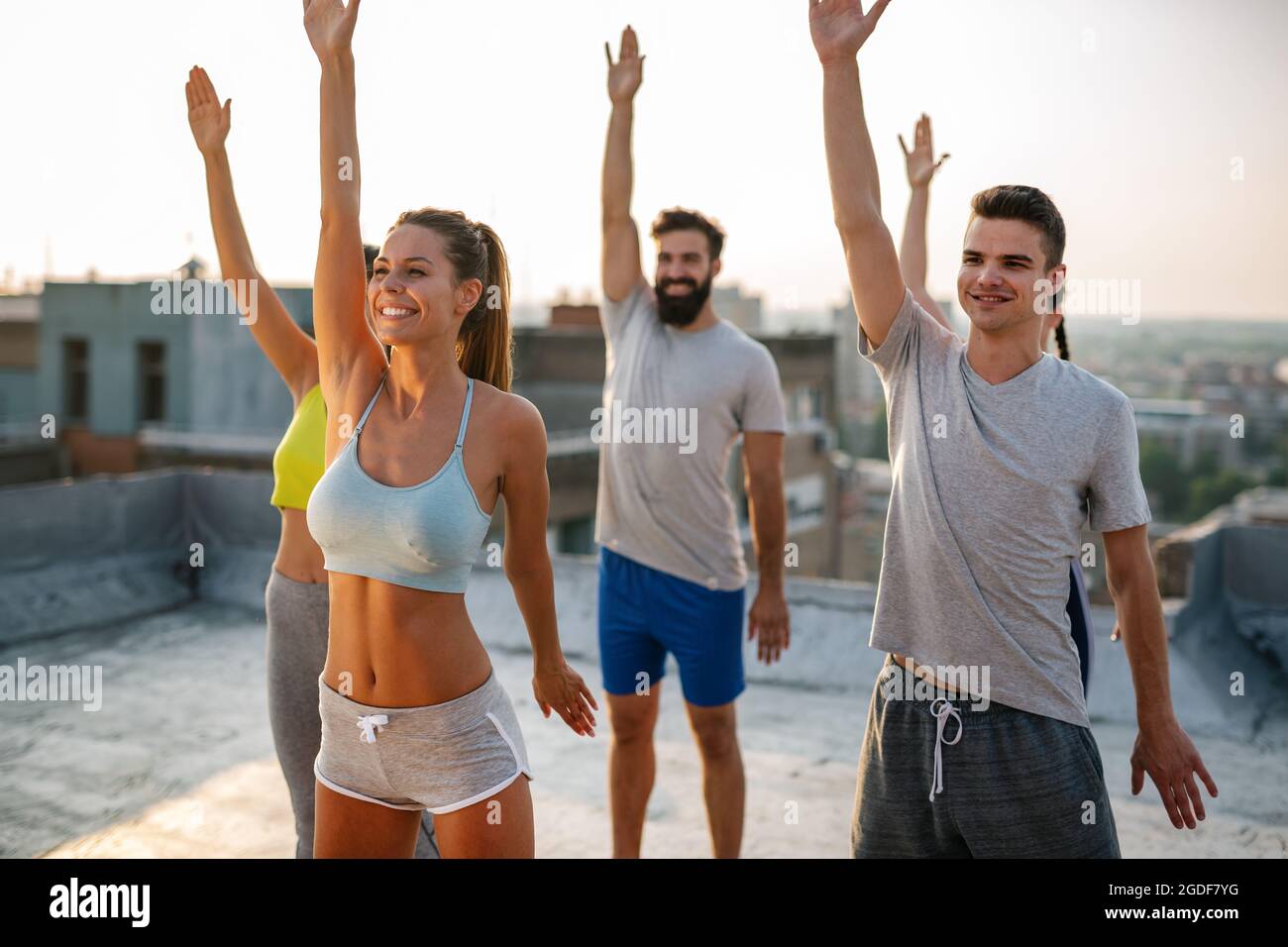 Fitness, sport, friendship and healthy lifestyle concept. Group of ...