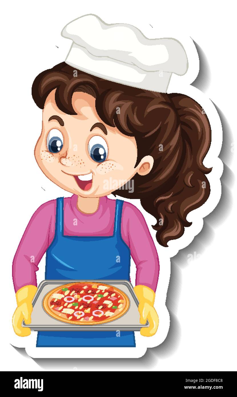 Cartoon character sticker with chef girl holding pizza tray ...