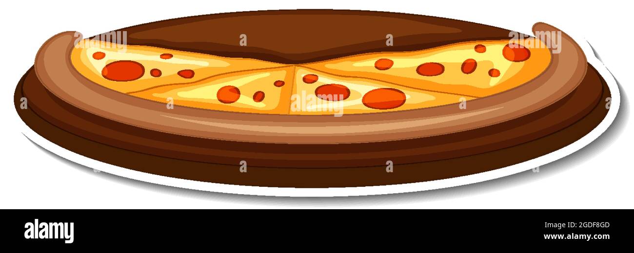 Pizza on wooden tray sticker on white background illustration Stock ...