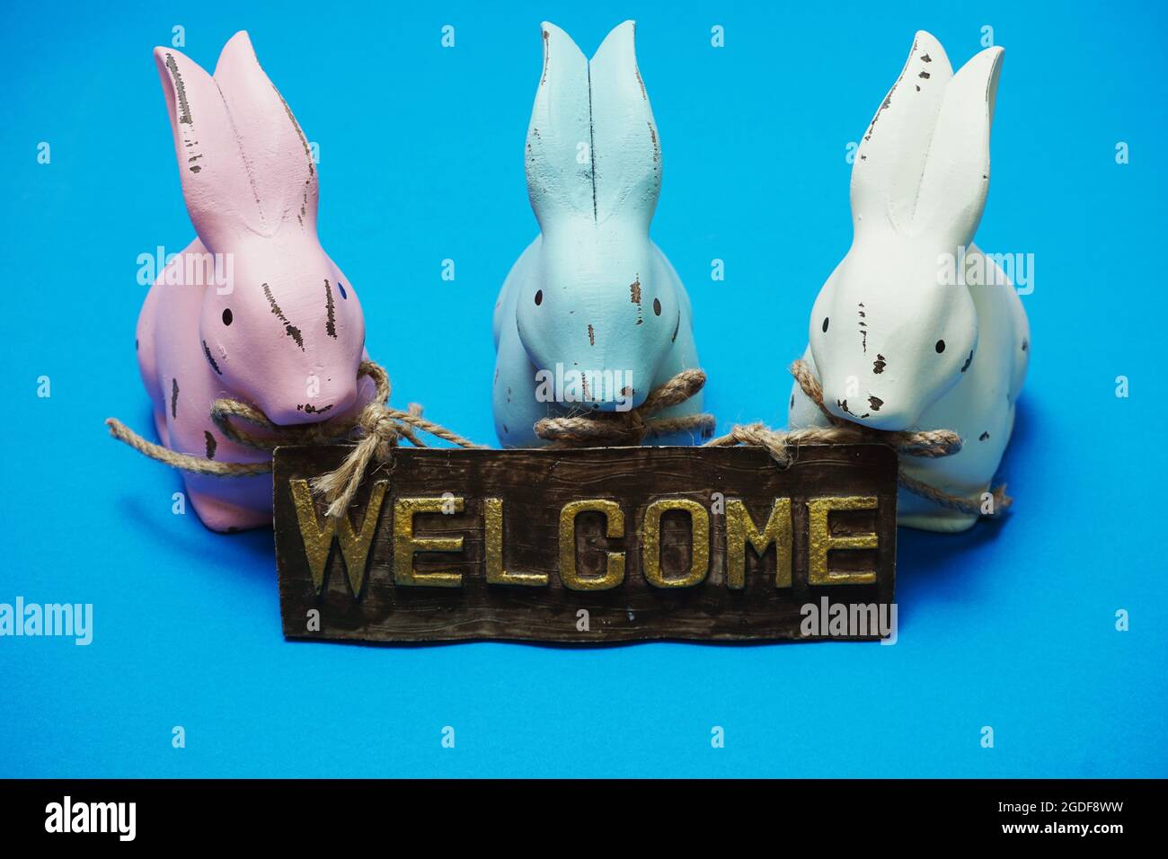 Bunny rabbit with welcome sign on blue background Stock Photo - Alamy