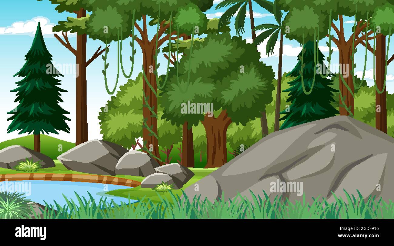 Forest at daytime scene with various forest trees illustration Stock ...