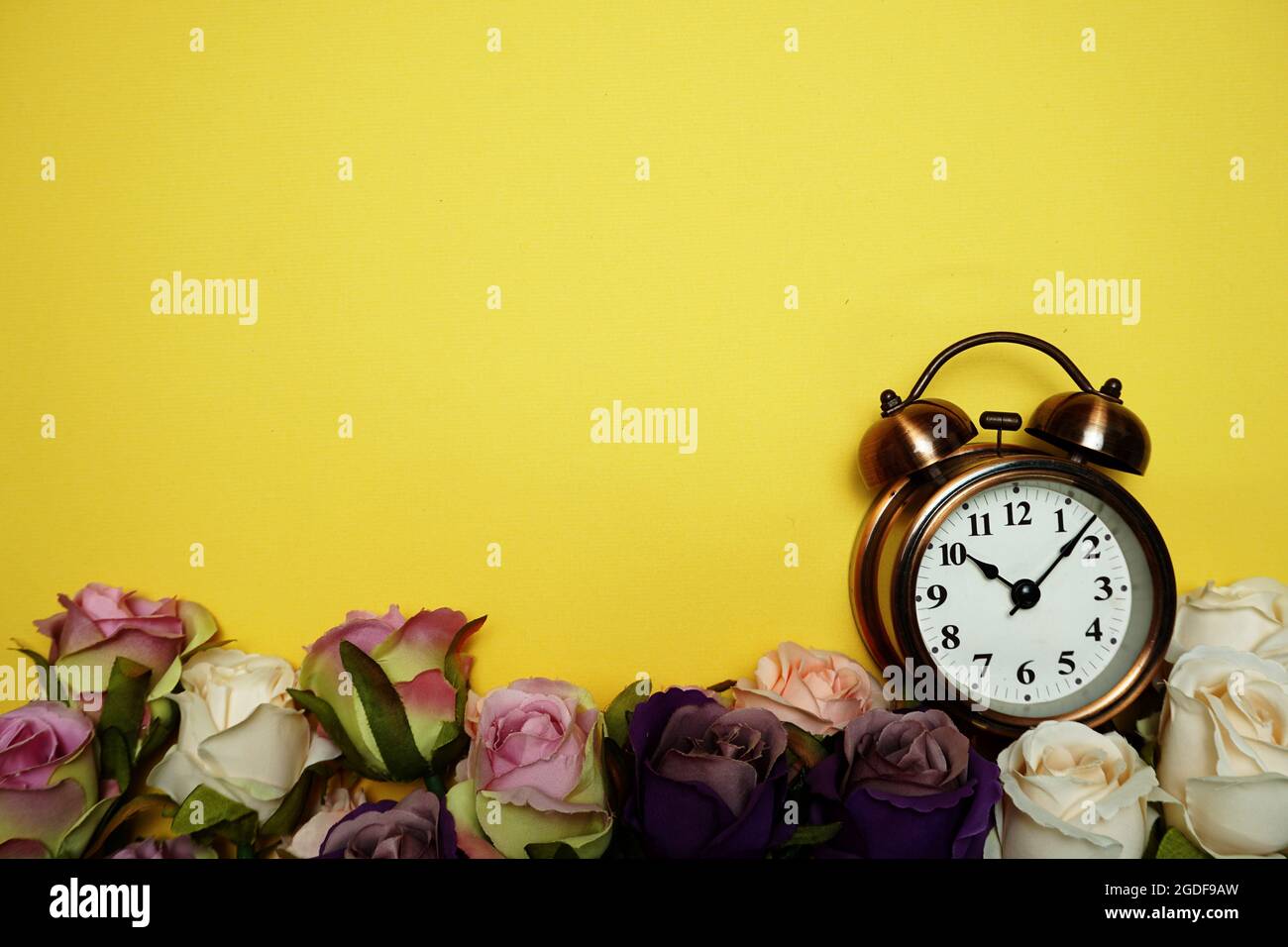 Alarm clock with Rose flower bouquet on yellow background Stock Photo ...