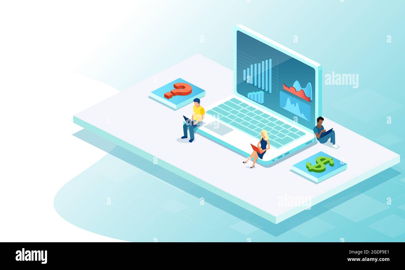 Vector of business people working on laptop computers analysing ...